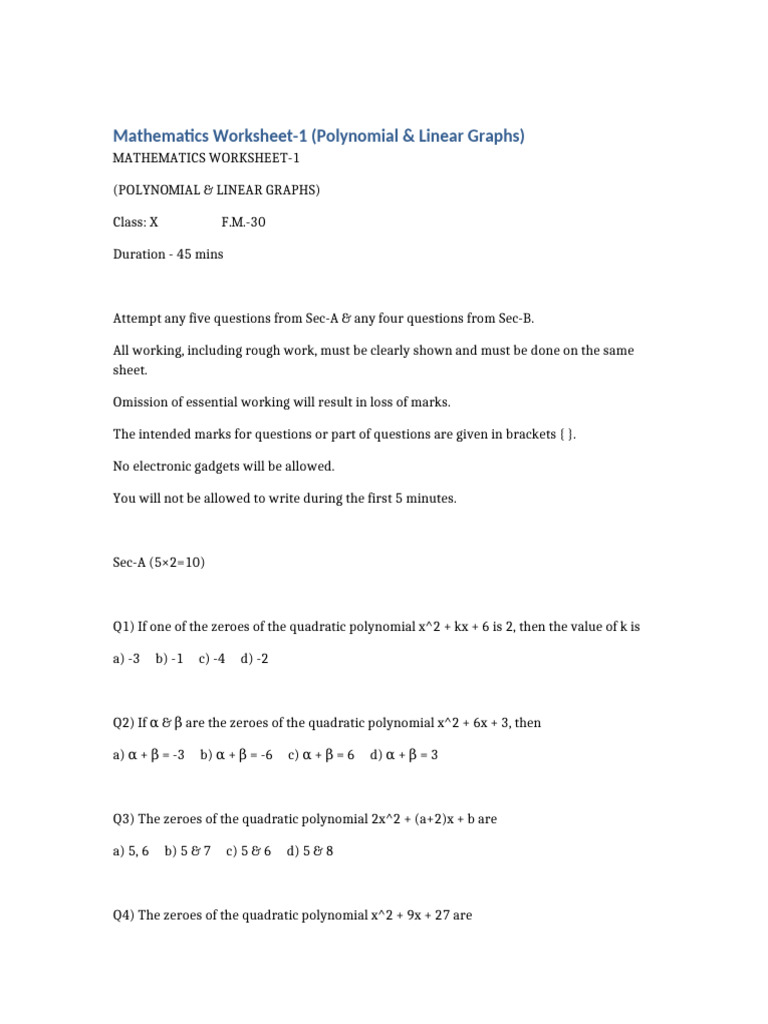 Mathematics Worksheet 2 Class X | PDF