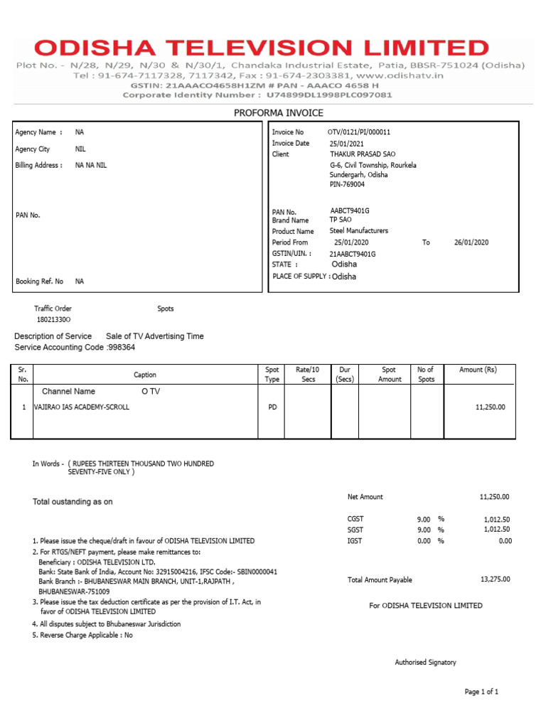 Proforma Invoice for TV Advertising | PDF | Public Finance | Taxation