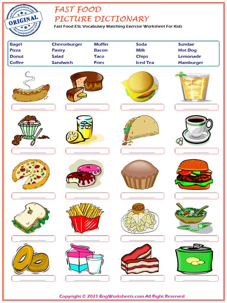 Fast Food Esl Vocabulary Matching Exercise Worksheet For Kids 6394 ...