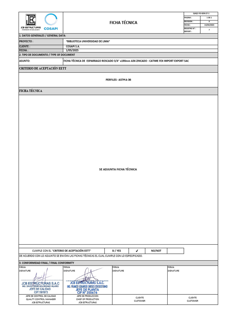 Ficha Técnica Espárrago A36 Zincado | PDF | Gestión de la calidad | Calidad