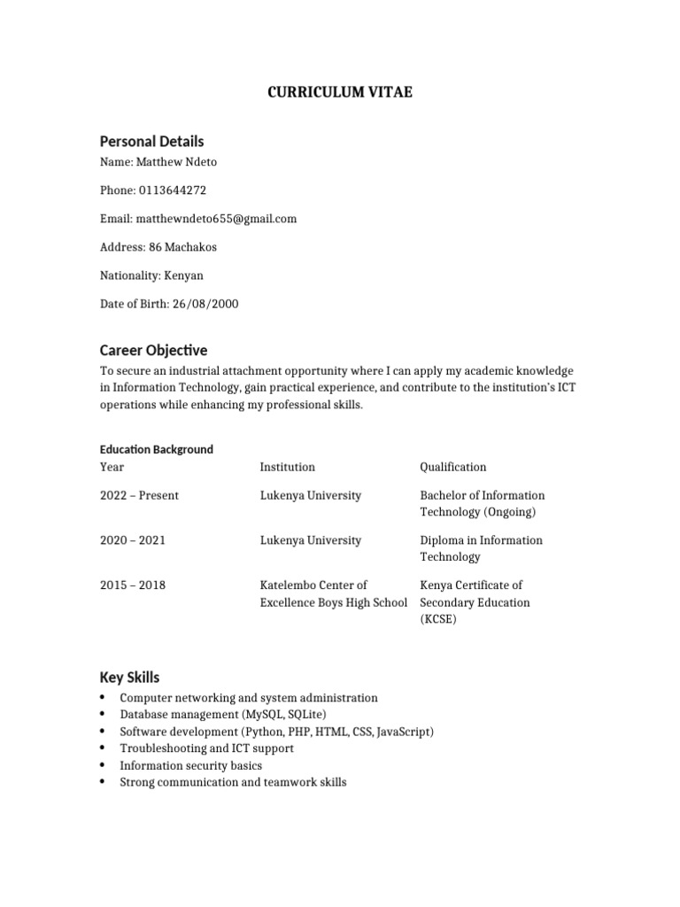 Matthew Ndeto's IT Curriculum Vitae | PDF