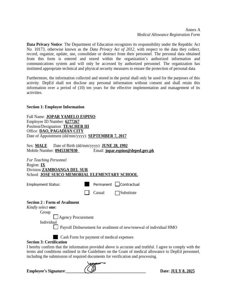 Medical Allowance Annex A | PDF | Employment | Information Privacy