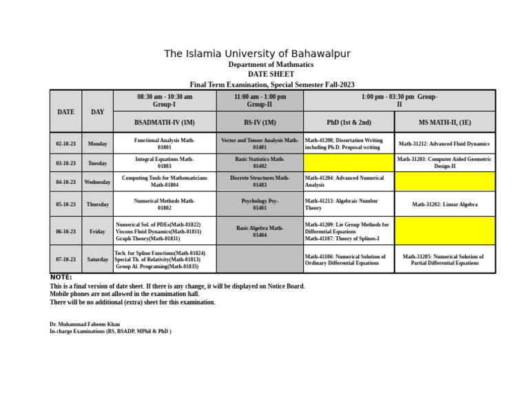 Date Sheet Special Semester Fall-2023 Final-1 | PDF | Mathematics ...