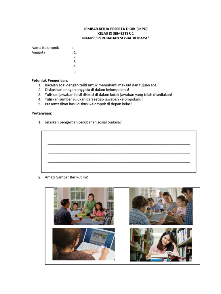 19 2 LKPD IPS Kelas 9 KD 3 2 Perubahan Sosial Budaya Roni Haryanto | PDF