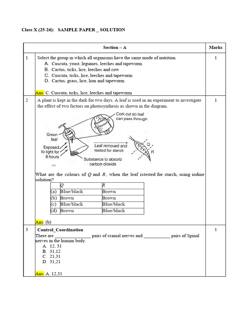 10 - Bio Sample Paper 25-26 Solution | PDF | Cell Membrane | Auxin