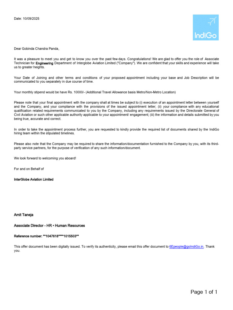 Job Offer for Associate Technician Role | PDF