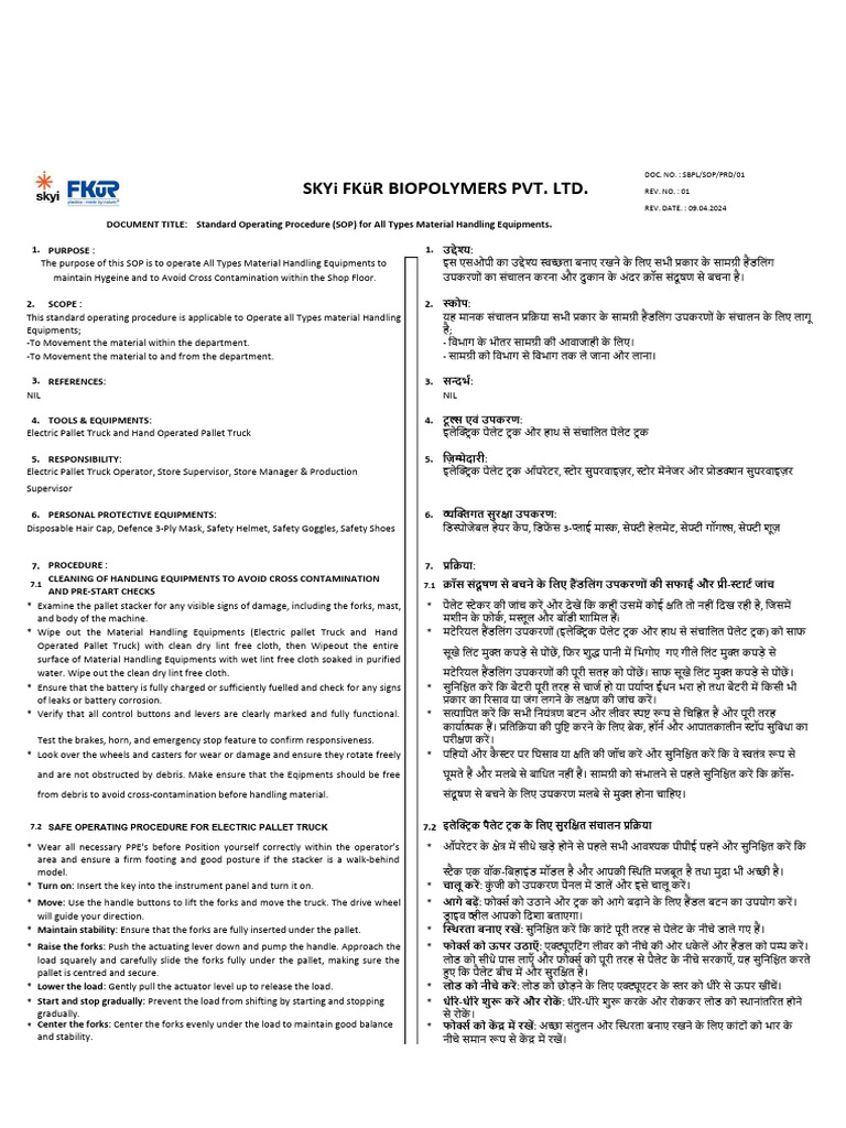 SOP - Material Handling Equipment - ISO 22K | PDF
