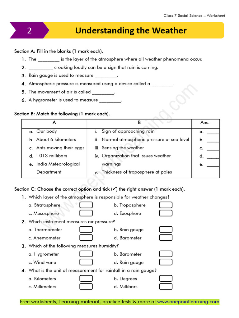 Class 7 Weather Worksheet Guide | PDF | Weather | Meteorology