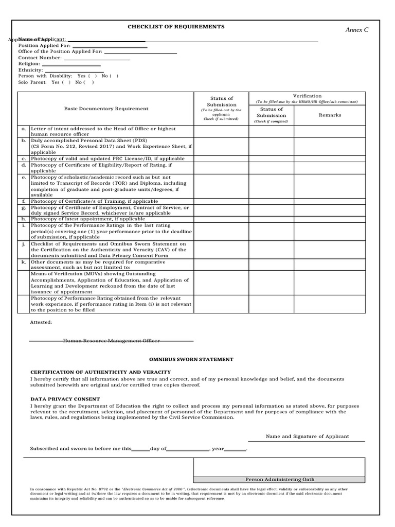 Annex C Requirements Checklist 2025 | PDF
