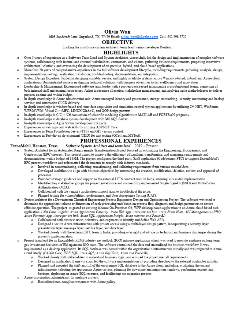 Dice Resume CV Olivia Wan | PDF | Microsoft Sql Server | Databases