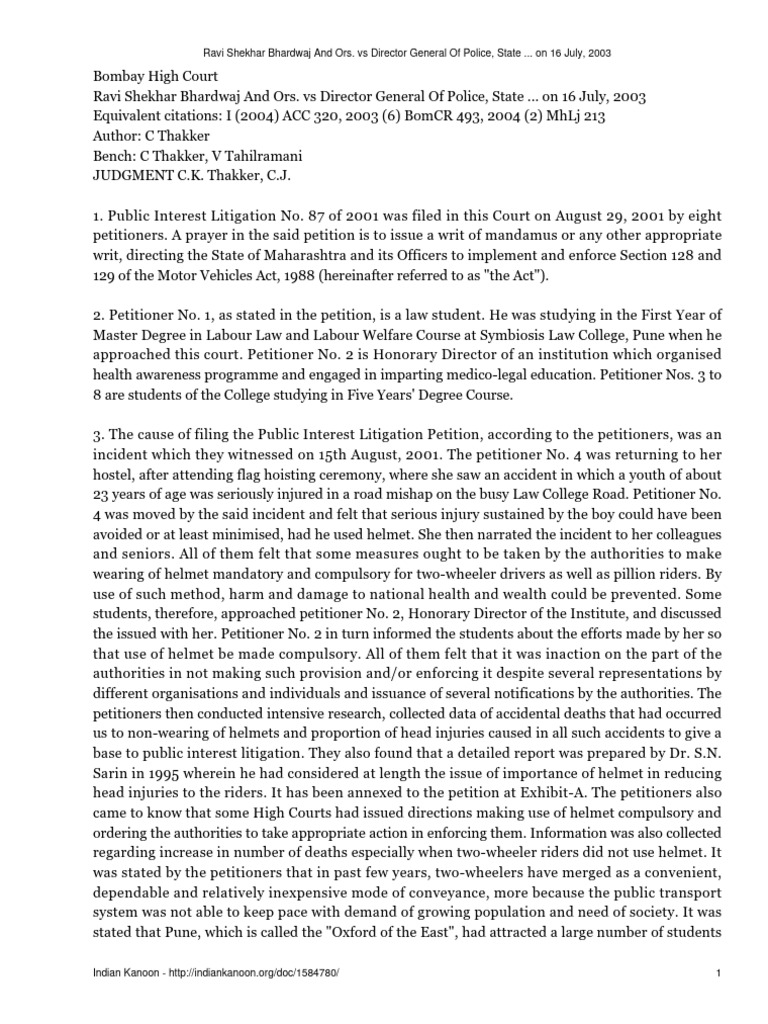 Helmet Is Not Compulsary in Municipal Corporation Area (Bombay Highcourt) Page 18 2 (A) - Bombay ...