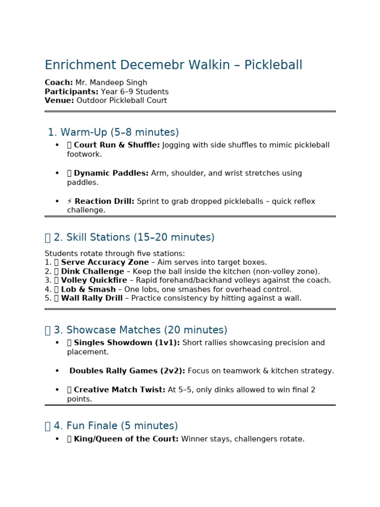 Pickleball Enrichment Decemebr Walkin - Pickleball | PDF