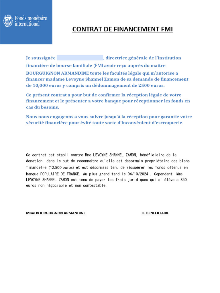 Contrat de financement FMI pour Mme Zamon | PDF