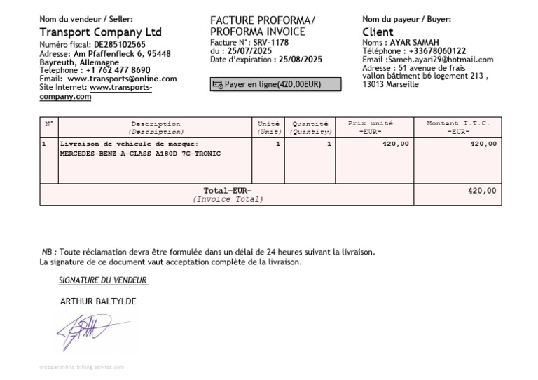 Facture Proforma Transport 420 EUR | PDF