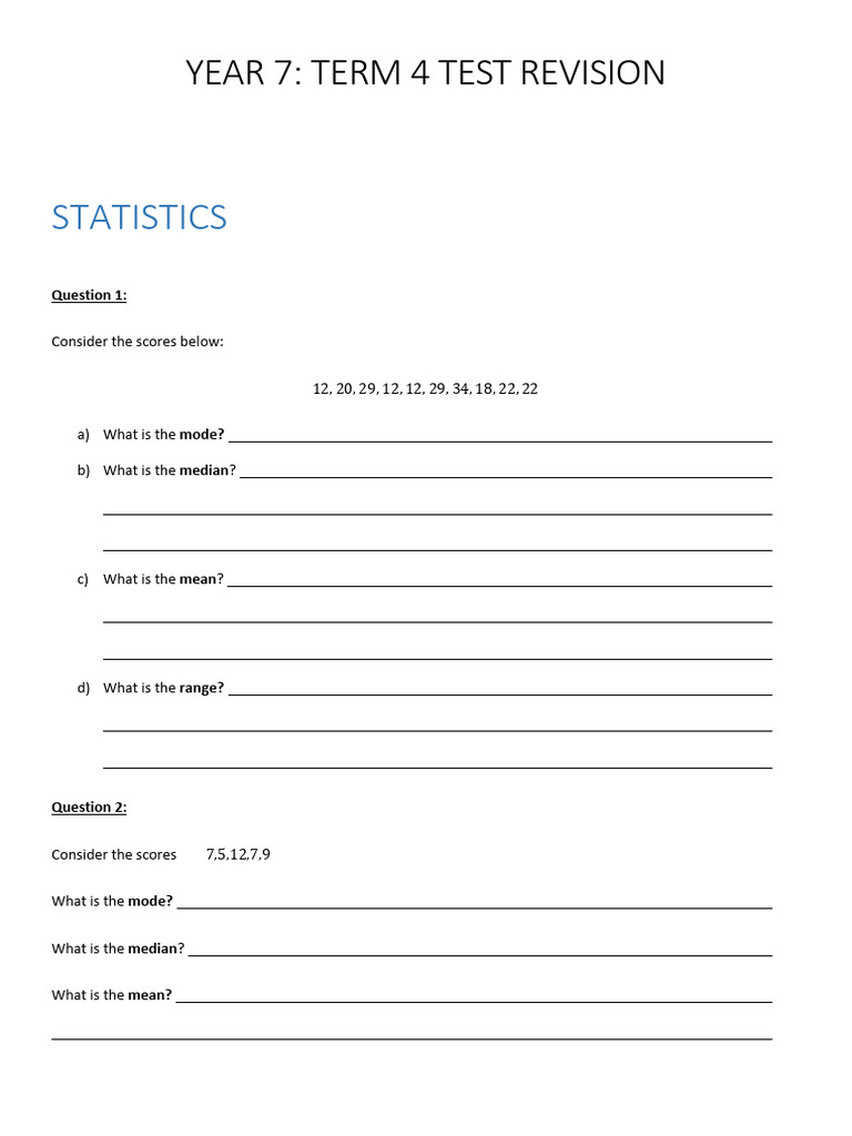2019 Y7 Term 4 Test 2 Revision PDF | PDF | Probability | Median