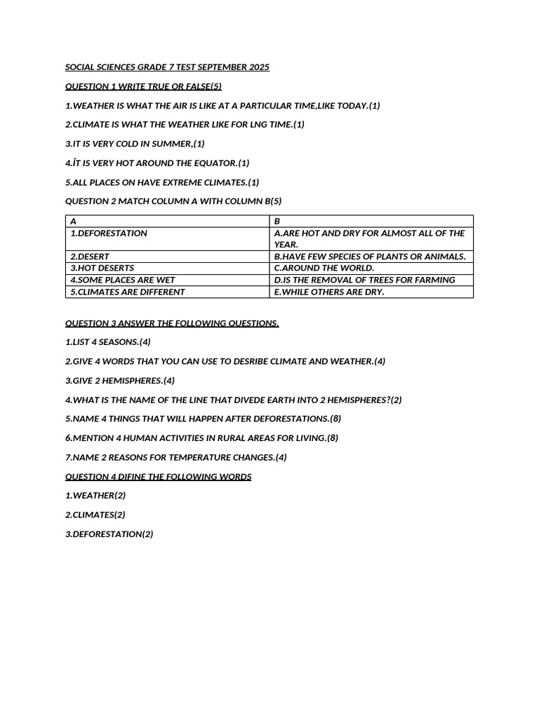 Grade 7 Social Sciences Test 2025 | PDF