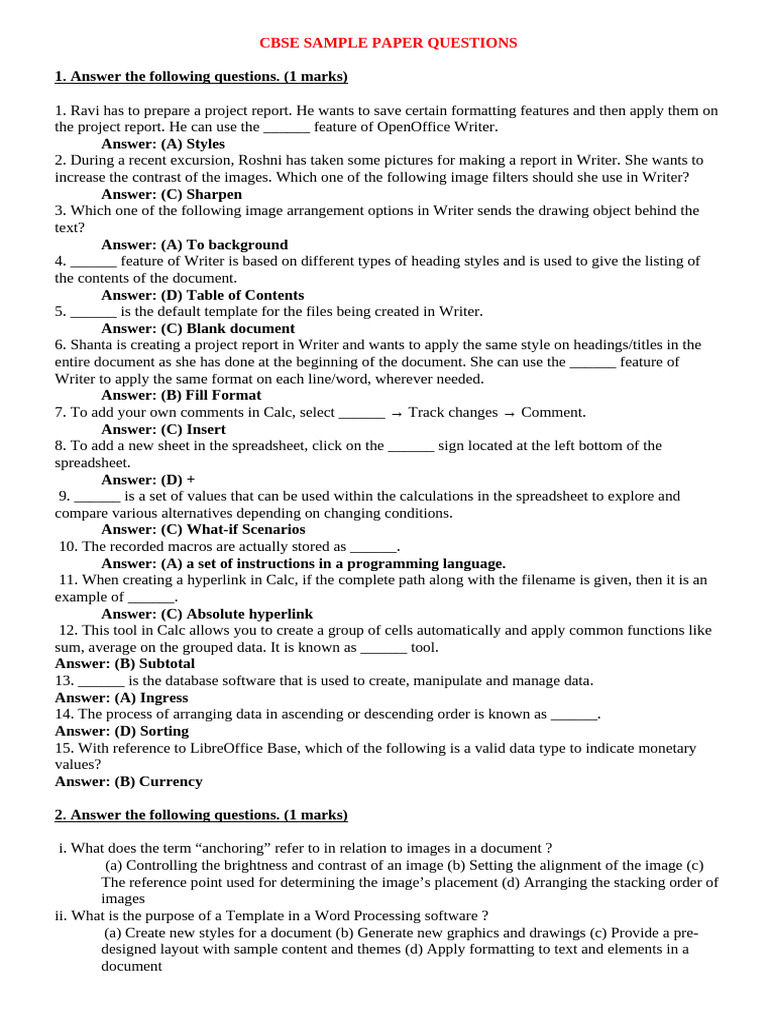Sample Papers Questions | PDF | Spreadsheet | Databases
