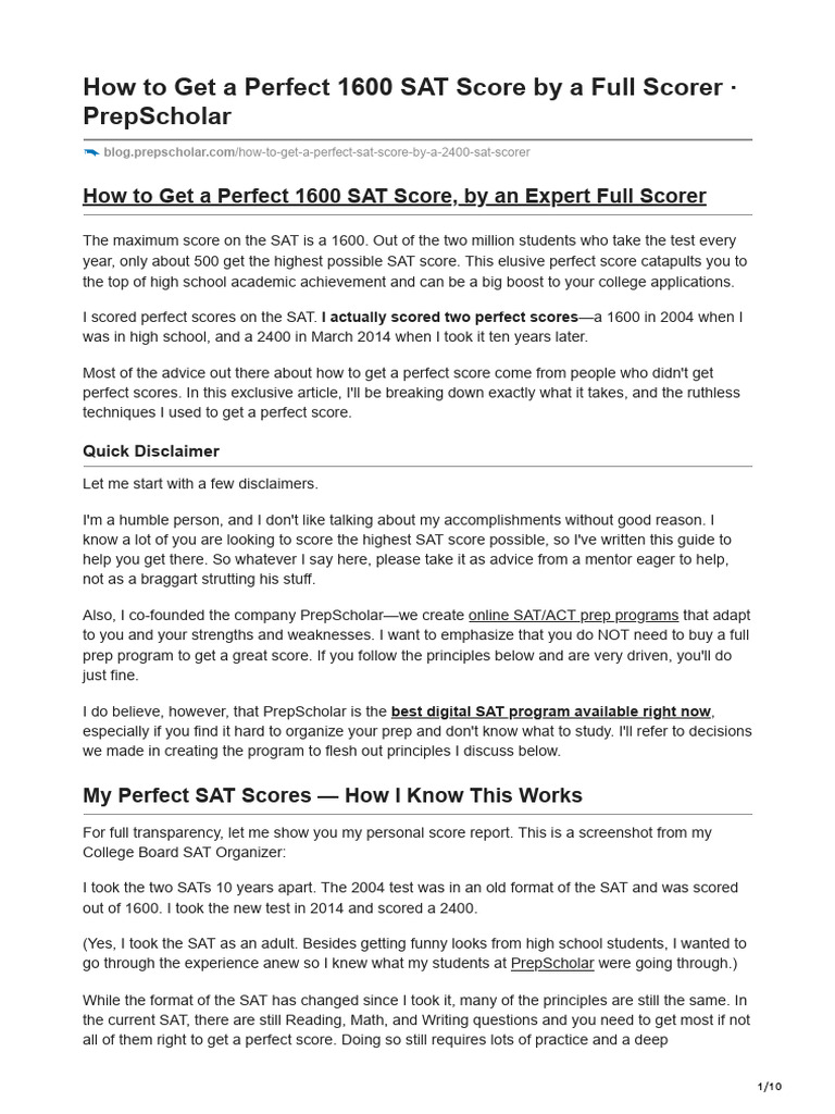 How To Get A Perfect 1600 SAT Score by A Full Scorer PrepScholar | PDF ...