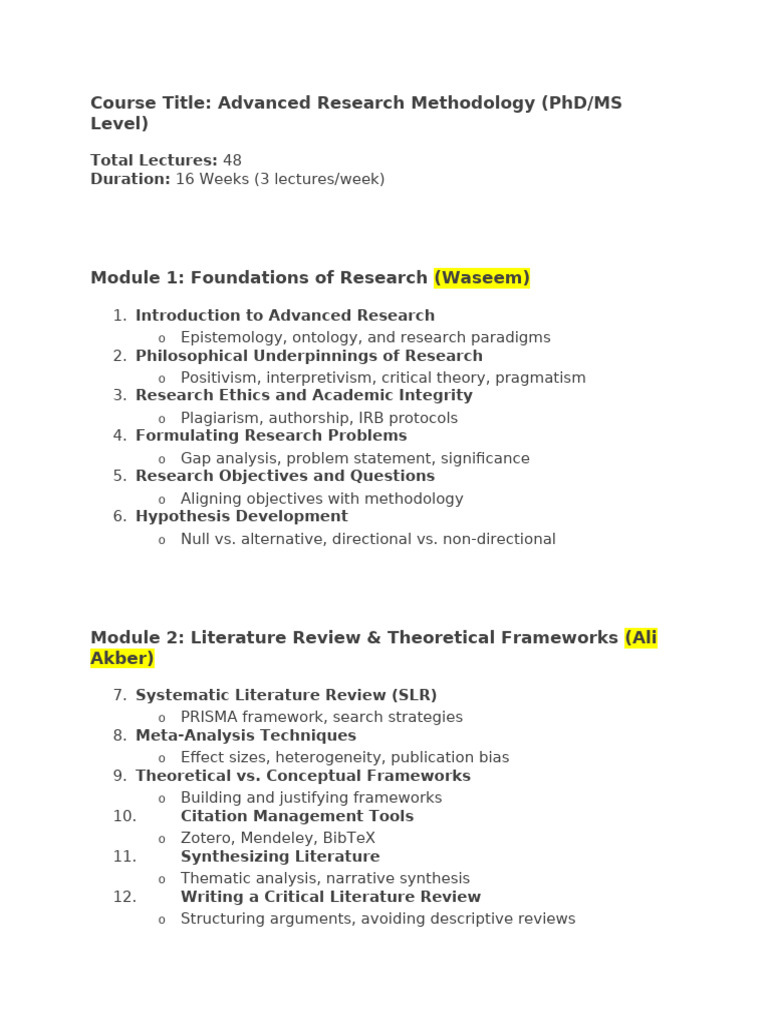 Advanced Research Methodology Course | PDF | Qualitative Research ...