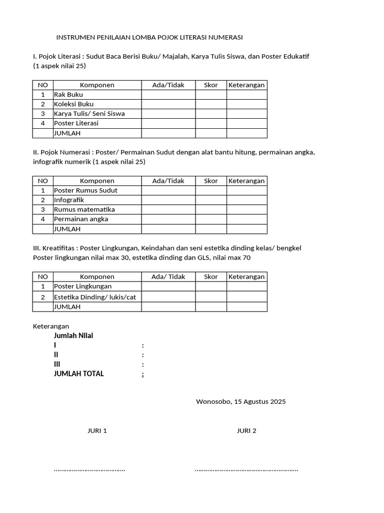 Instrumen Penilaian Pojok Numerasi | PDF