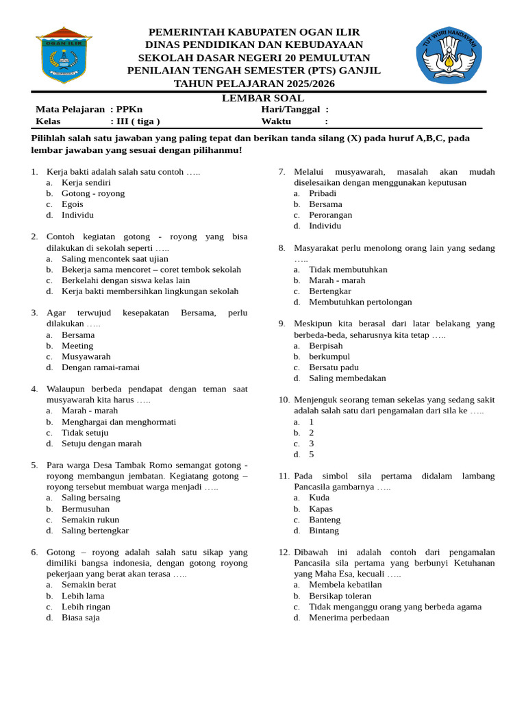 Pts Kelas 3 PPKN 2025 | PDF