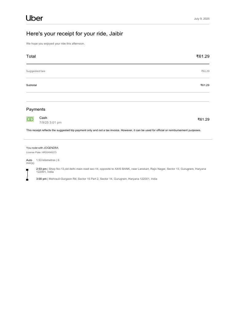 Gurugram Ride Receipt - July 9, 2025 | PDF
