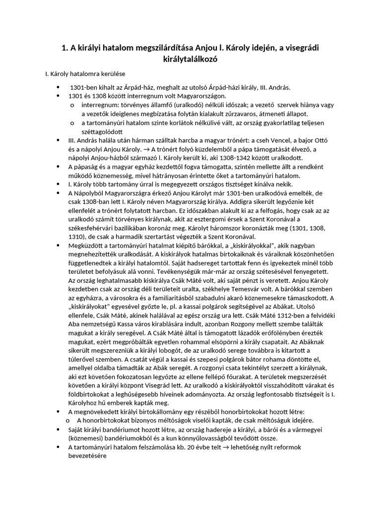 A Királyi Hatalom Megszilárdítása Anjou L. Károly Idején | PDF