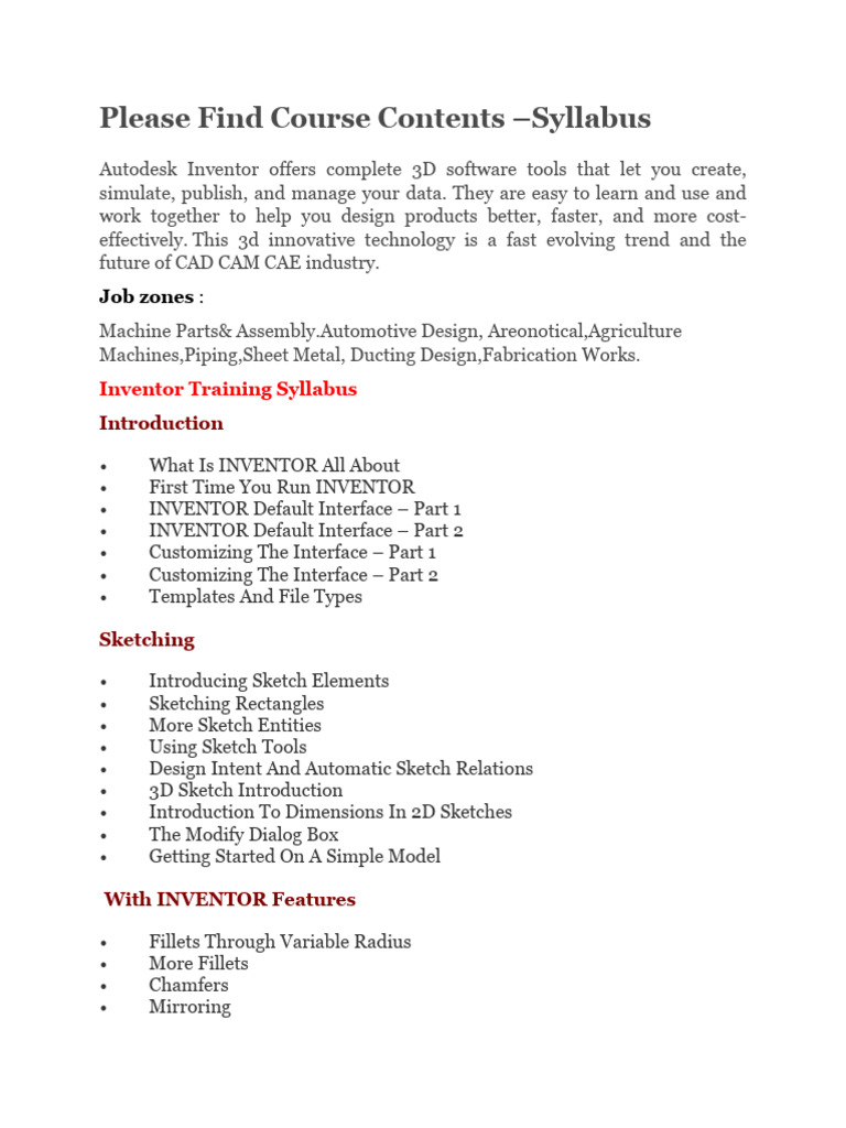 Autodesk Inventor Training Syllabus | PDF | Sheet Metal | Computer ...