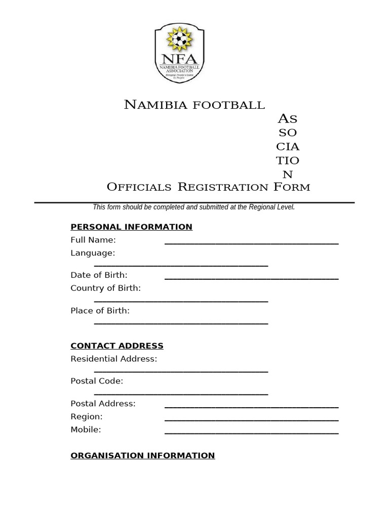 Namibia Football Officials Registration | PDF