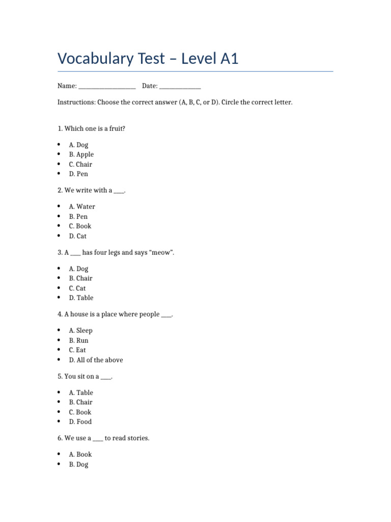 Vocabulary Test Level A1 | PDF