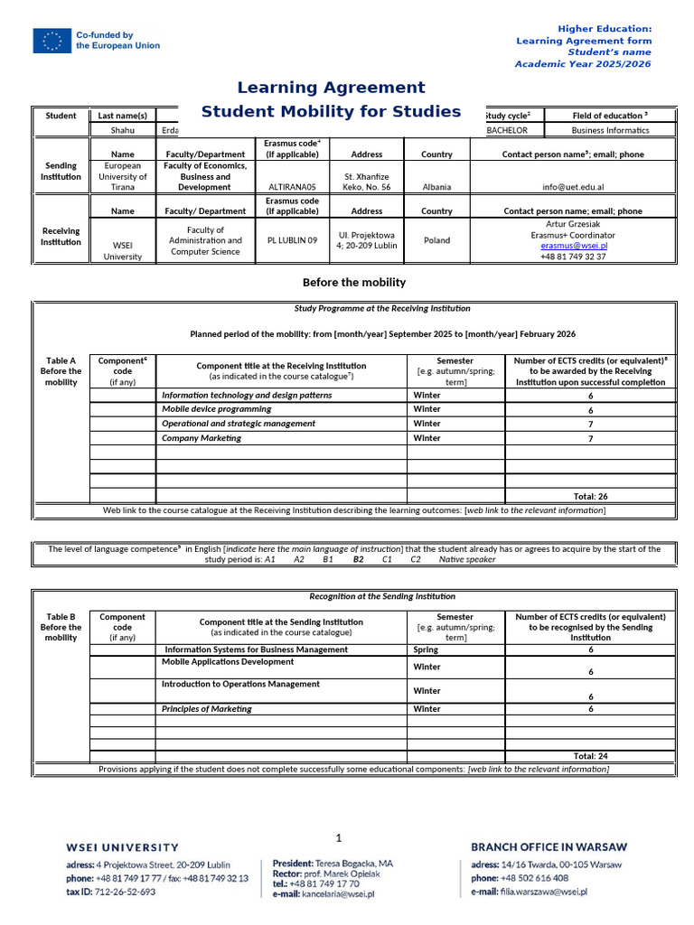 Erda Shahu - Learning Agreement Student Mobility For Studies - 25 - 26 | PDF | Academic Degree ...