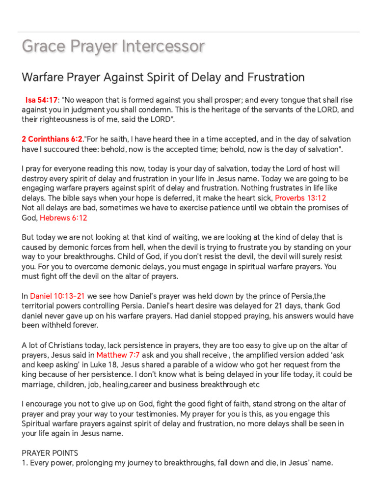 Grace Prayer Intercessor_ Warfare Prayer Against Spirit of Delay and Frustration | PDF | Prayer ...