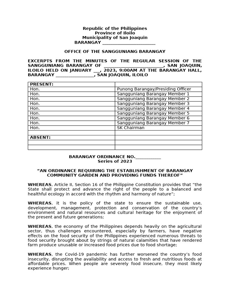 SAMPLE SAN JOAQUIN Ordinance Establishment of Brgy Community Garden Re ...