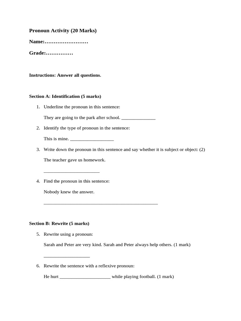 Pronoun Identification and Usage Activity | PDF
