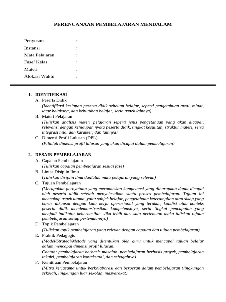 CONTOH TEMPLATE - RPP PEMBELAJARAN MENDALAM (POTRAIT) | PDF