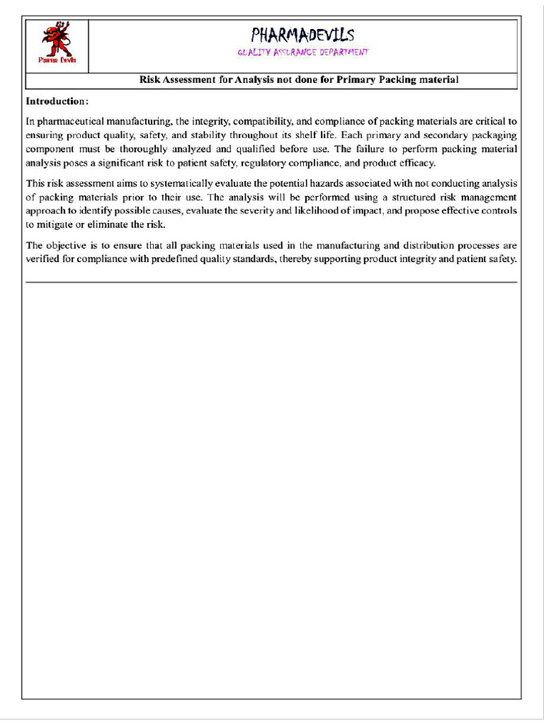 Risk Assessment For Analysis Not Done For Primary Packing | PDF