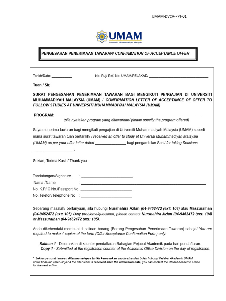 Confirmation of Acceptance Form | PDF