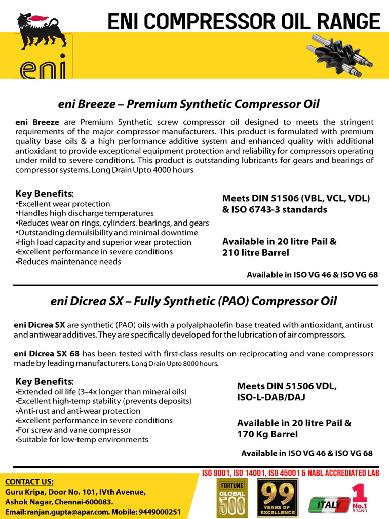 Eni Compressor Oil Range | PDF