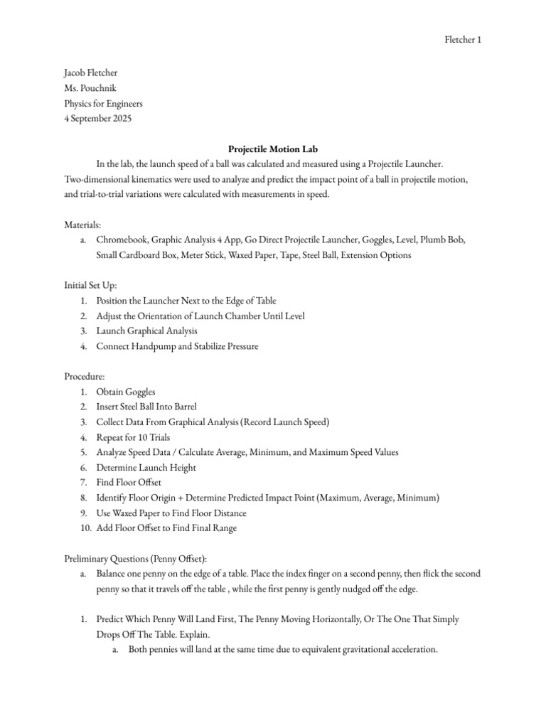 Projectile Motion Lab - Physics - (Thu, 4, Sep, 25) | PDF | Prediction | Projectiles