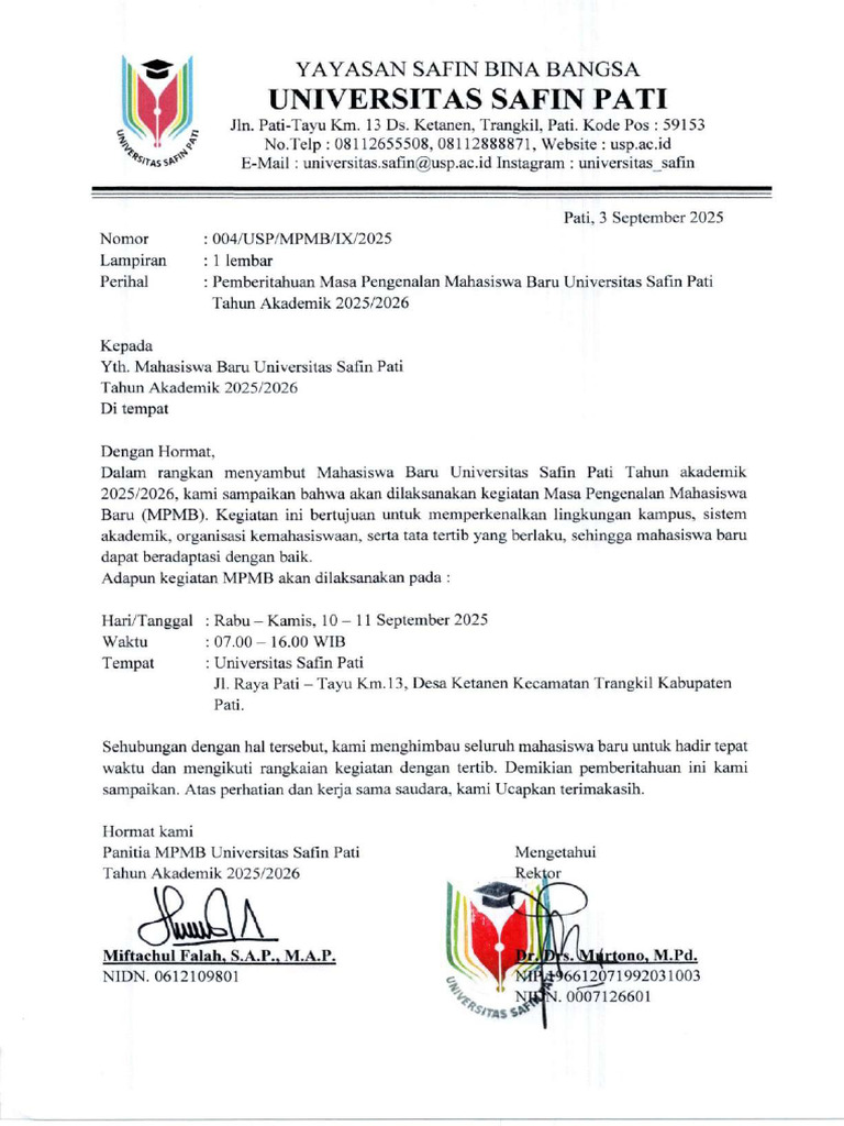 Jadwal MPMB 2025 Universitas Safin Pati | PDF