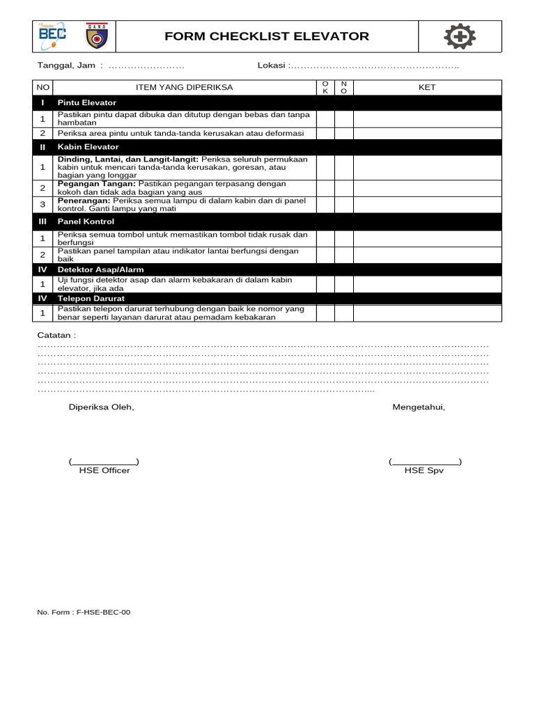 HSE BEC - Form Check List Elevator | PDF