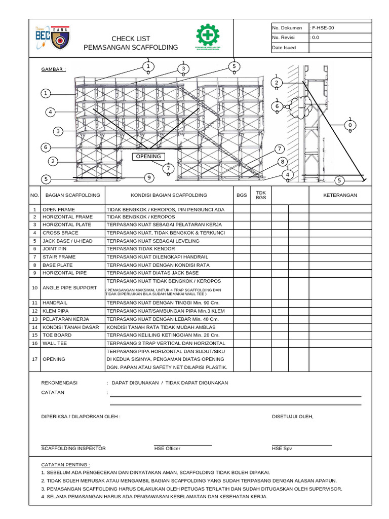 HSE BEC - Form Checklist & Tag Scaffolding | PDF