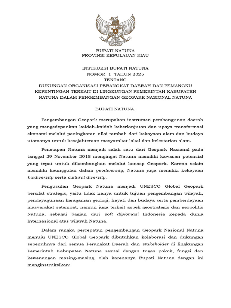 Instruksi Bupati untuk Geopark Natuna | PDF
