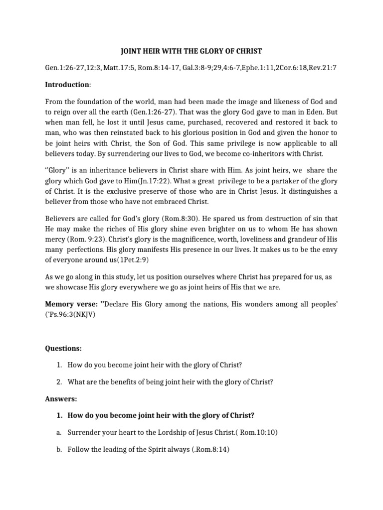 Joint Heir With The Glory of Christ | PDF | Glory (Religion) | Jesus