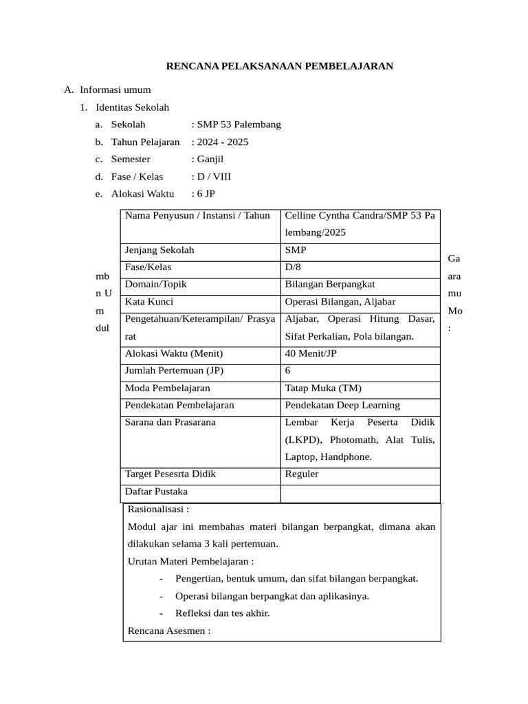 RPP Lengkap Bilangan Berpangkat Fiks | PDF