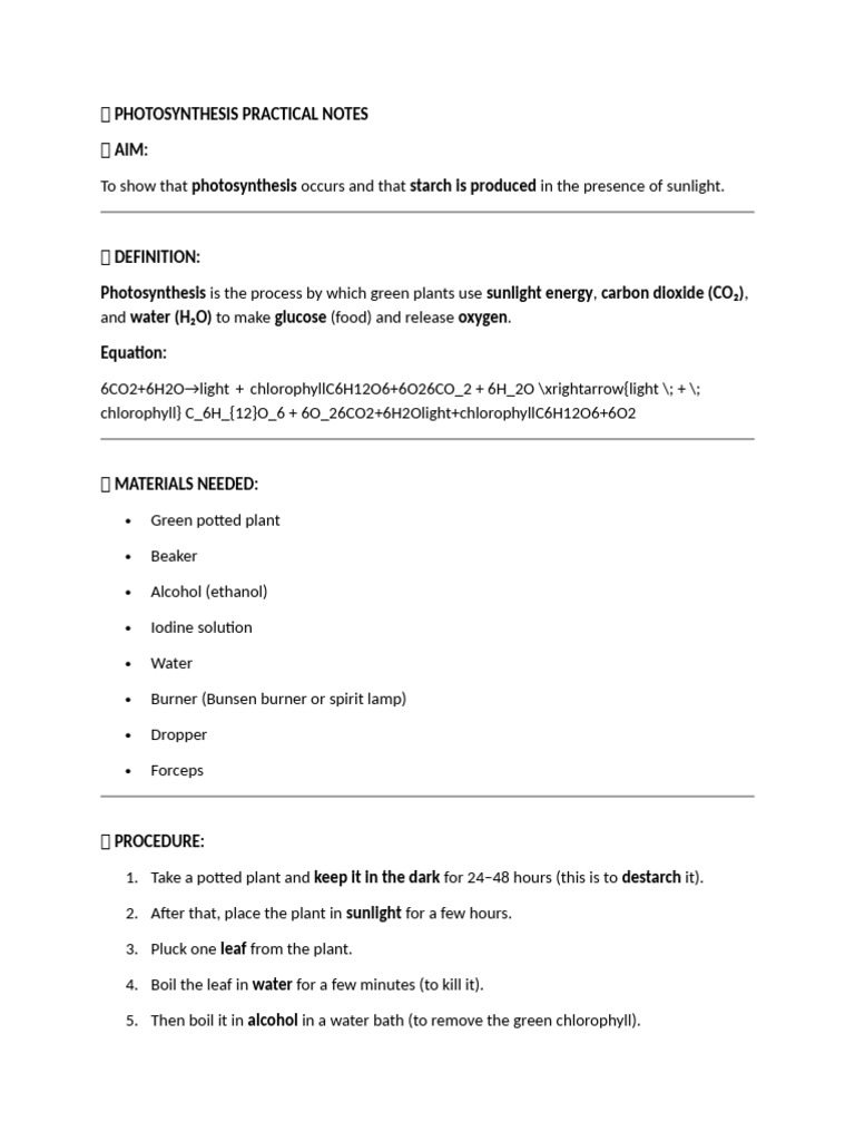 ? Photosynthesis Practical Notes | PDF
