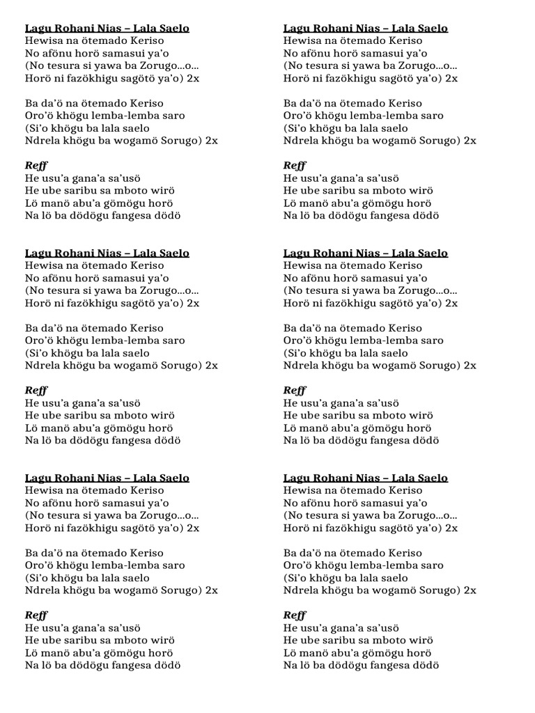 Lirik Lagu Rohani Nias: Lala Saelo | PDF