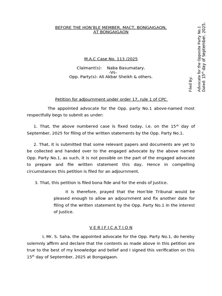 Adjournment Petition in MACT Case 113/2025 | PDF