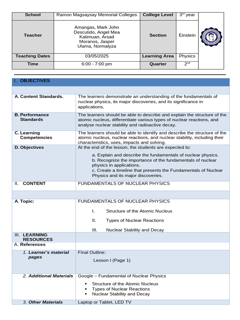 Group 3 Lesson Plan - Phys 5 | PDF | Nuclear Physics | Atomic Nucleus