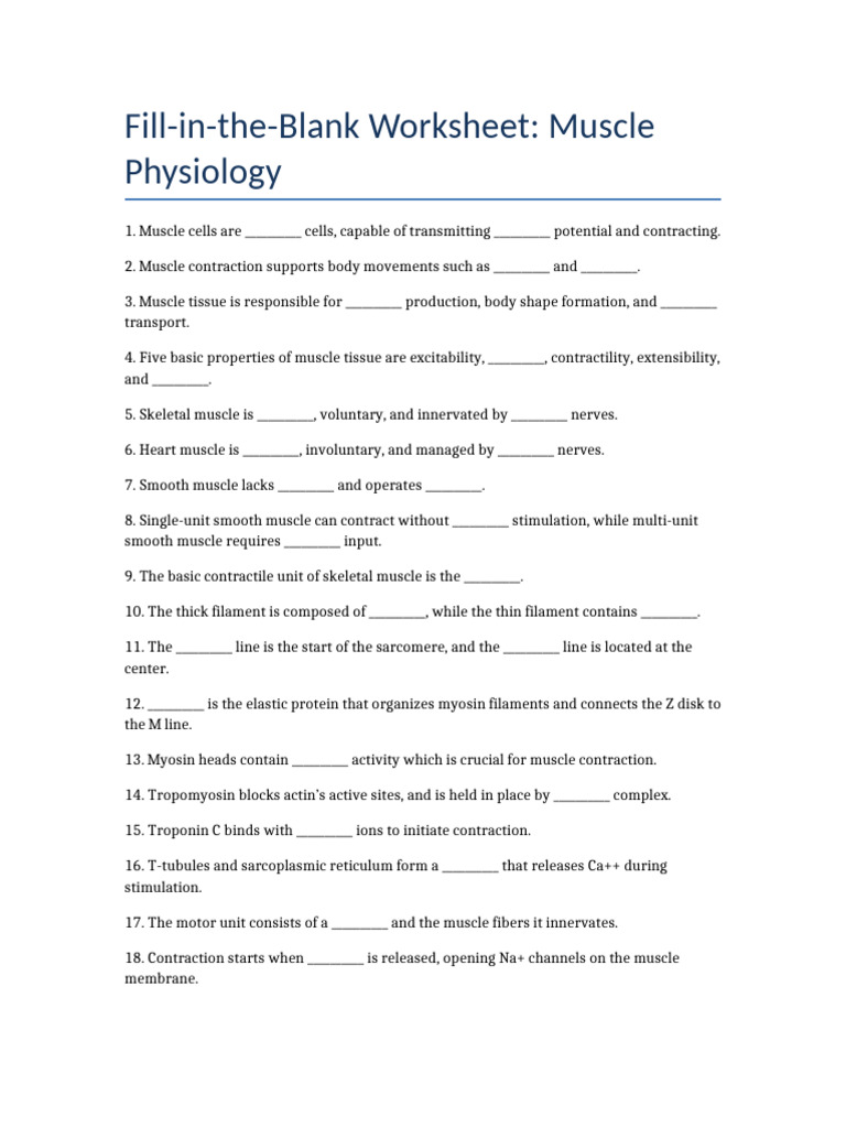 Muscle Physiology Fill-in-the-Blank Worksheet | PDF | Muscle ...